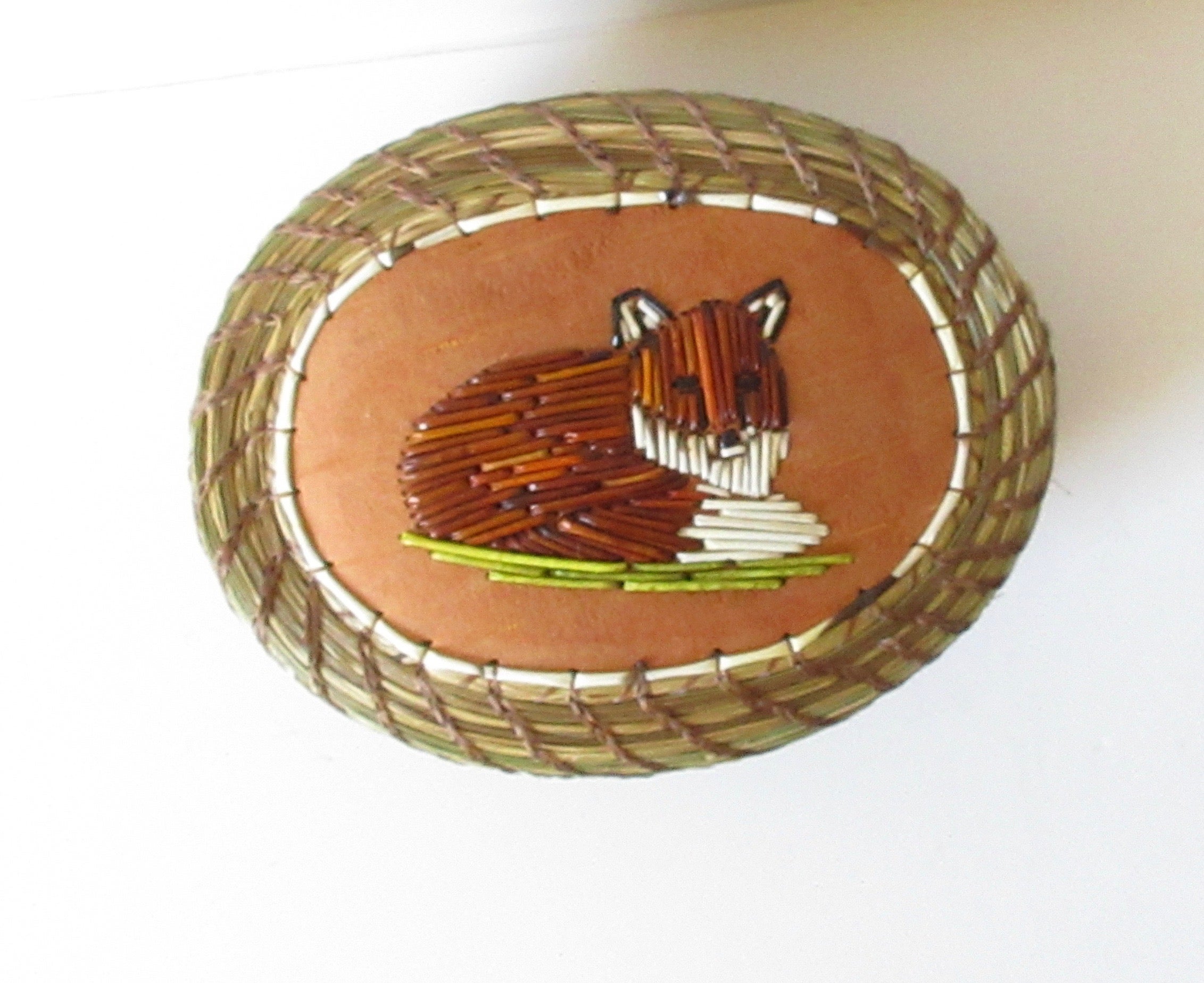 Fox at rest, sweetgrass/quill/birchbark basket: Paul St John, Mohawk (d ...